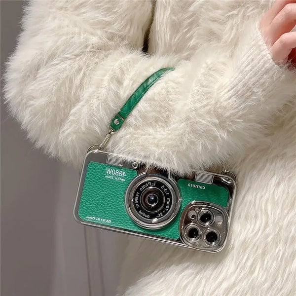 3D Retro Camera Graphic Phone Case PU Leather Strap For iPhone – popcoom